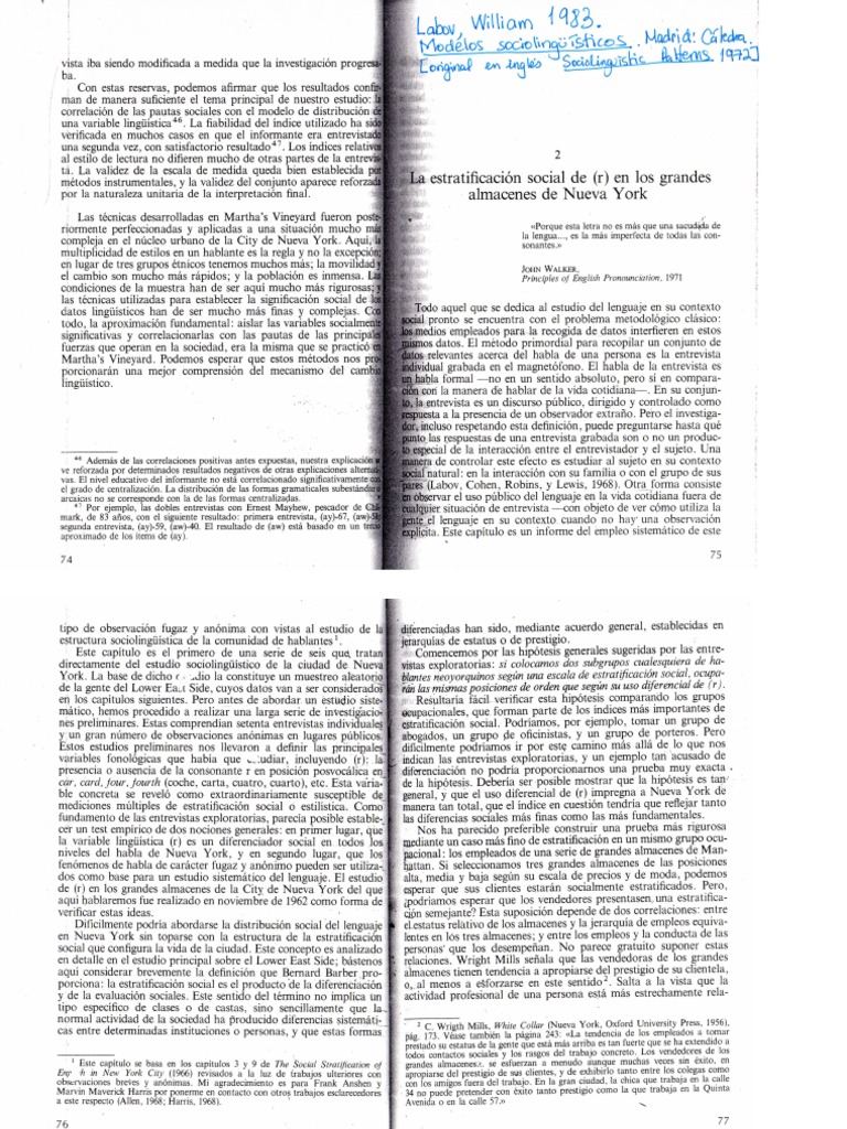 LABOV 1983 Capítulo 2 La Estratificación Social de (R) en Los Grandes ...