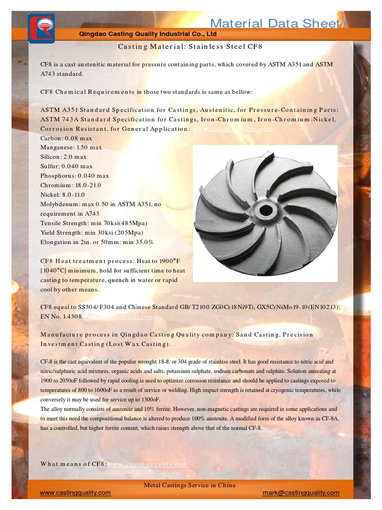 Material Data Sheet: Casting Material: Stainless Steel CF8 | Download ...