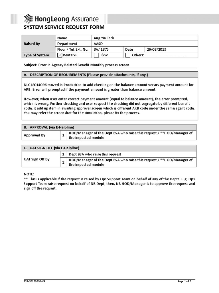 System Service Request Form: SSR-20130620-V4 Page 1 of 3 | PDF