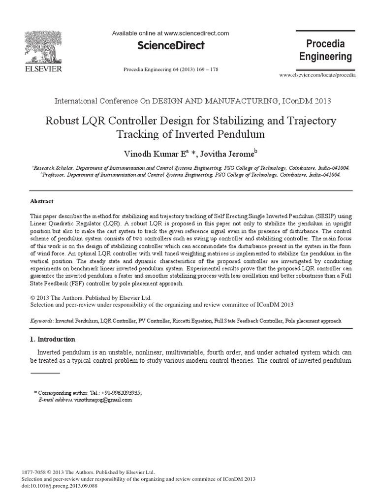 Robust LQR Controller Design For Stabilizing and Trajectory Tracking of ...