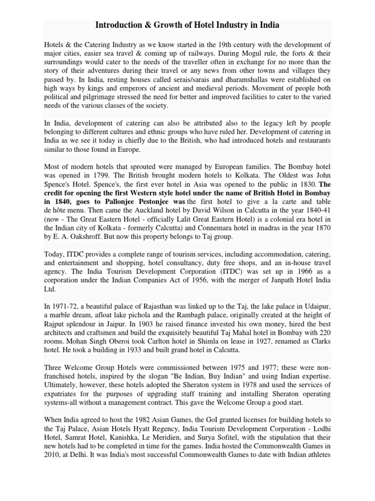 Introduction & Growth of Hotel Industry in India | PDF | Hotel ...