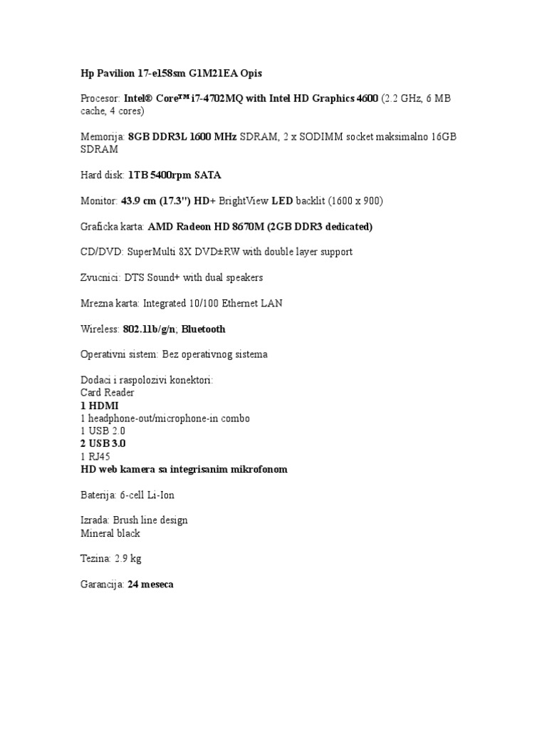 HP Pavilion 17-E158sm G1M21EA Opis | PDF | Hdmi | Graphics Processing Unit