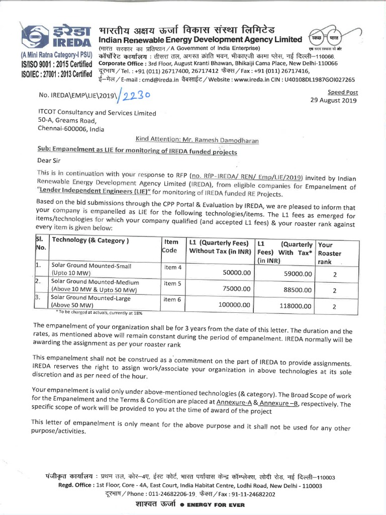 IREDA - LIE Empanelment Letter Valid For 3 Years | PDF | Indemnity ...
