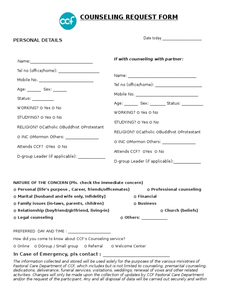 Counseling Request Form: Personal Details | PDF | Privacy | Marriage