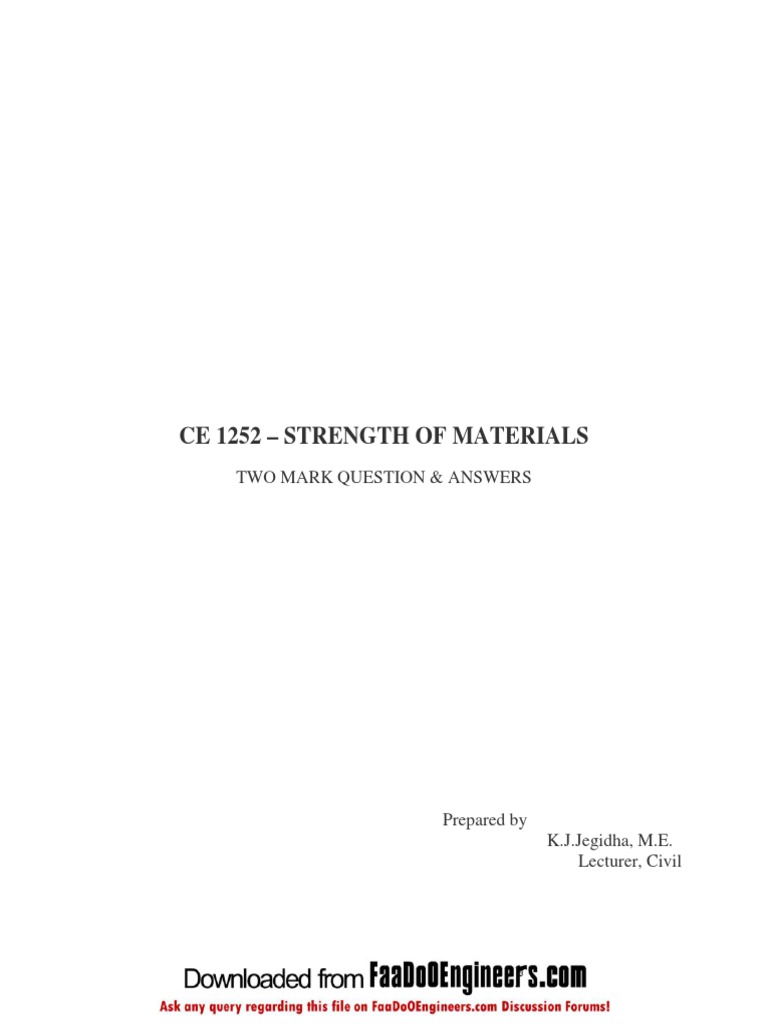 Ce 1252 - Strength of Materials: Two Mark Question & Answers | PDF ...