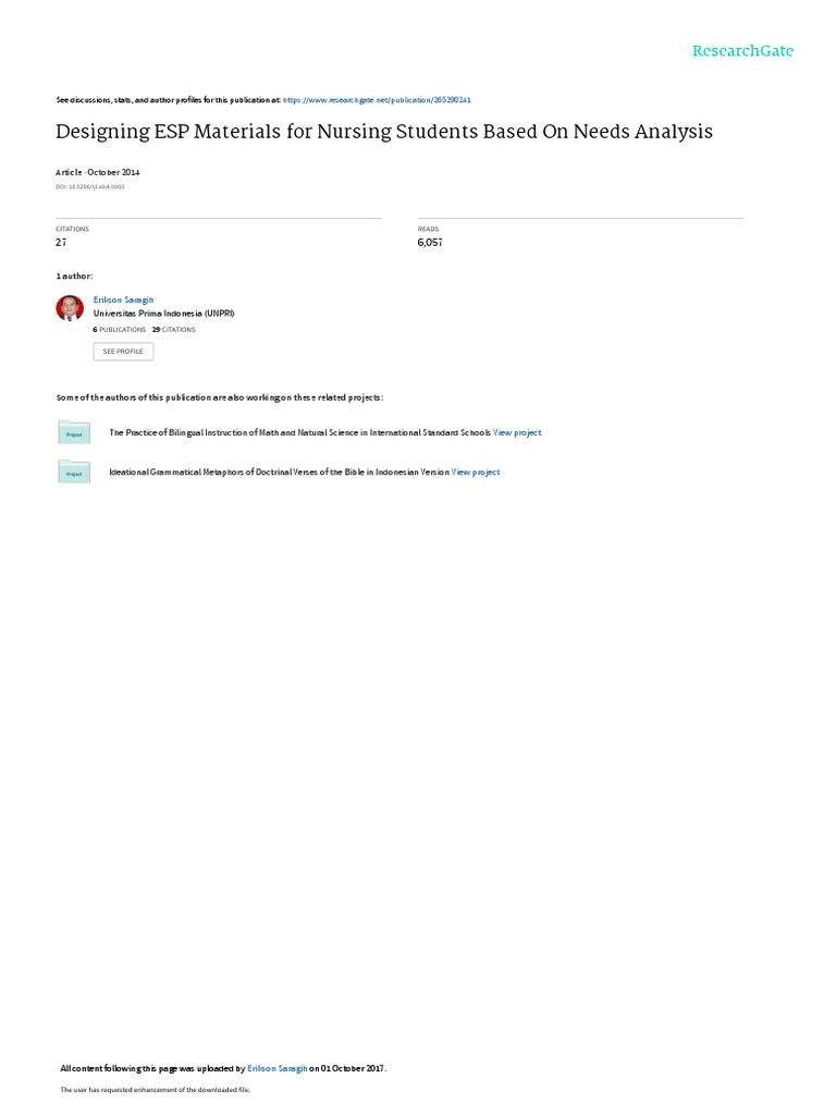 Designing ESP Materials For Nursing Students Based | PDF | Language ...
