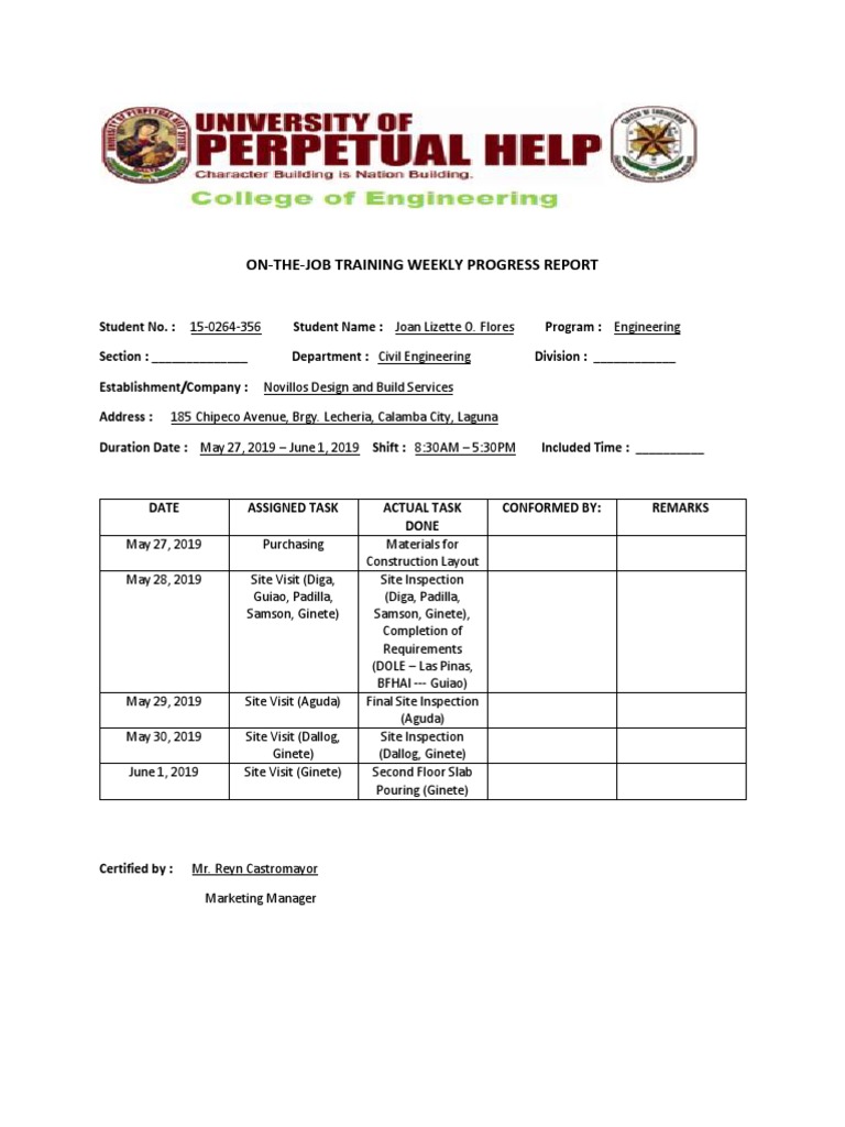 OJT Weekly Progress Report Samples | PDF | Science | Real Estate Law