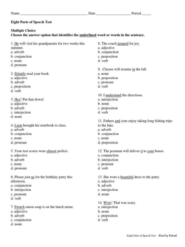 8 Partsof Speech Grammar Practice Test | Download Free PDF | Part Of ...