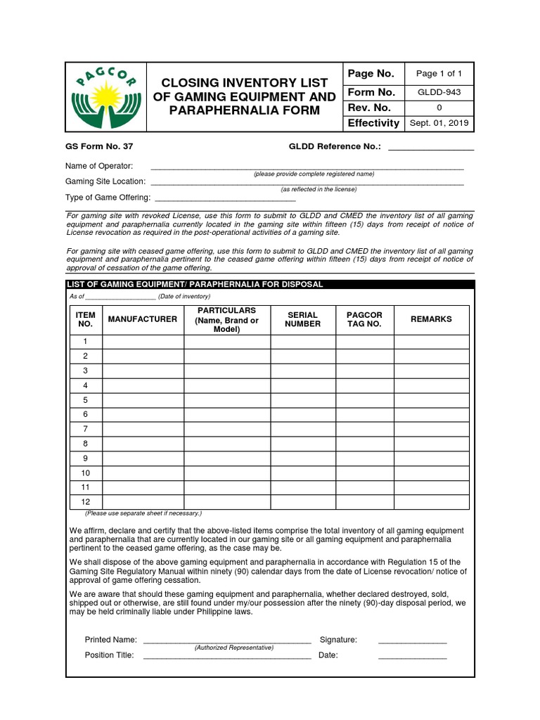 GS Form No. 37 - Inventory List of Gaming Equipment Form-1 PDF | PDF ...