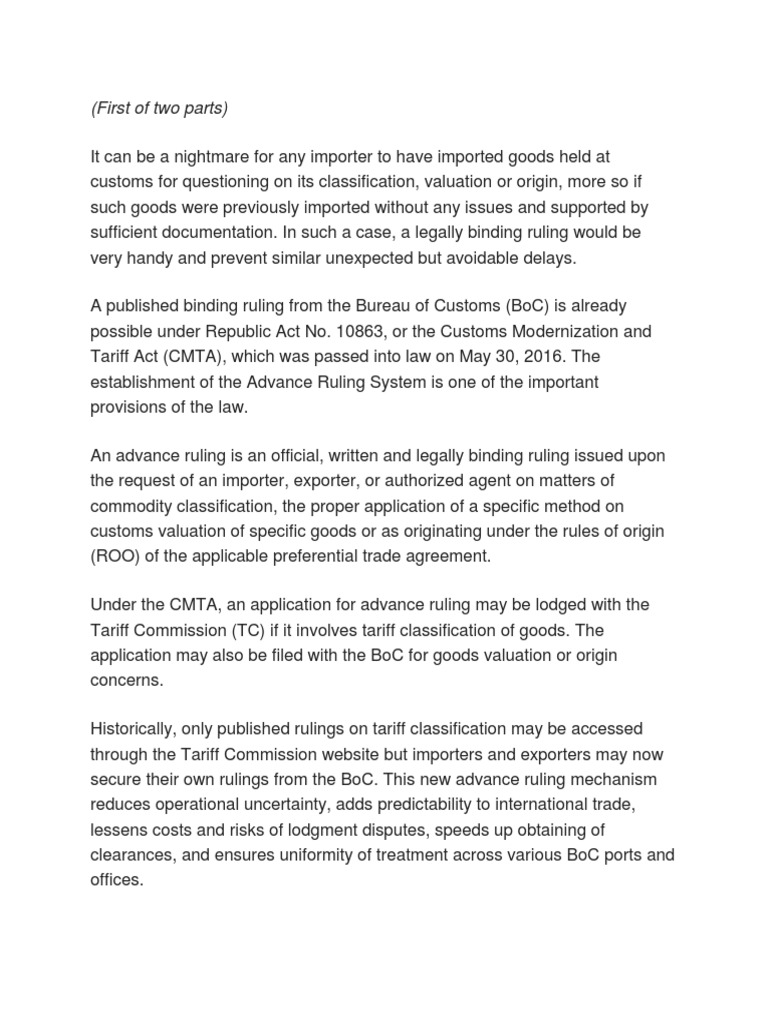 Advance Ruling | PDF | Customs | Virtue