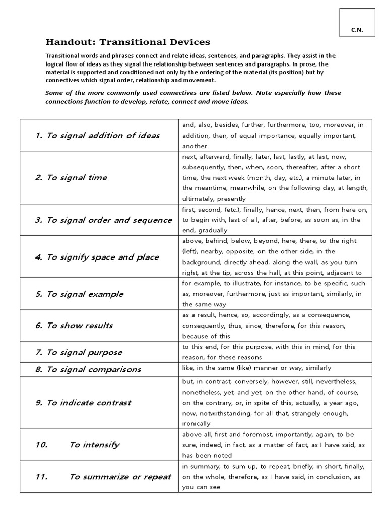 Handout Transitional Devices | PDF | Sentence (Linguistics) | Logic