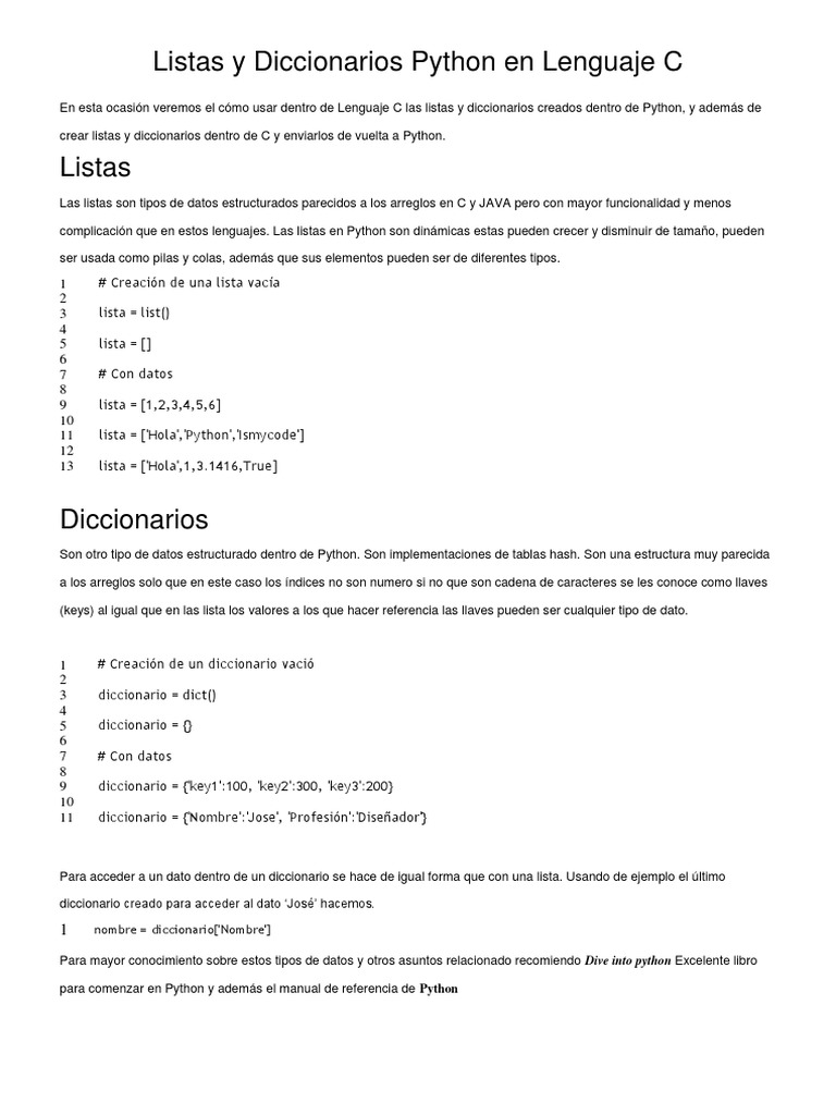 Listas y Diccionarios Python en Lenguaje.docx | Python (lenguaje de programación) | C