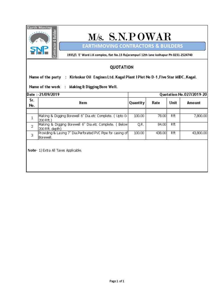 Borewell Digging Quotation for Kirloskar | PDF