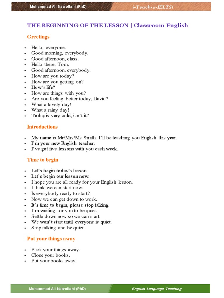 The Beginning of The Lesson - Classroom English: Greetings | PDF ...