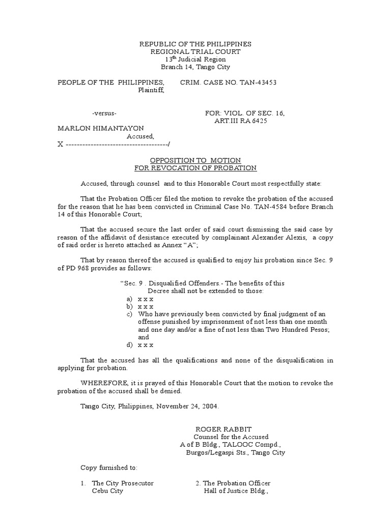 Opposition To Revoke-SBD | PDF | Probation | Virtue