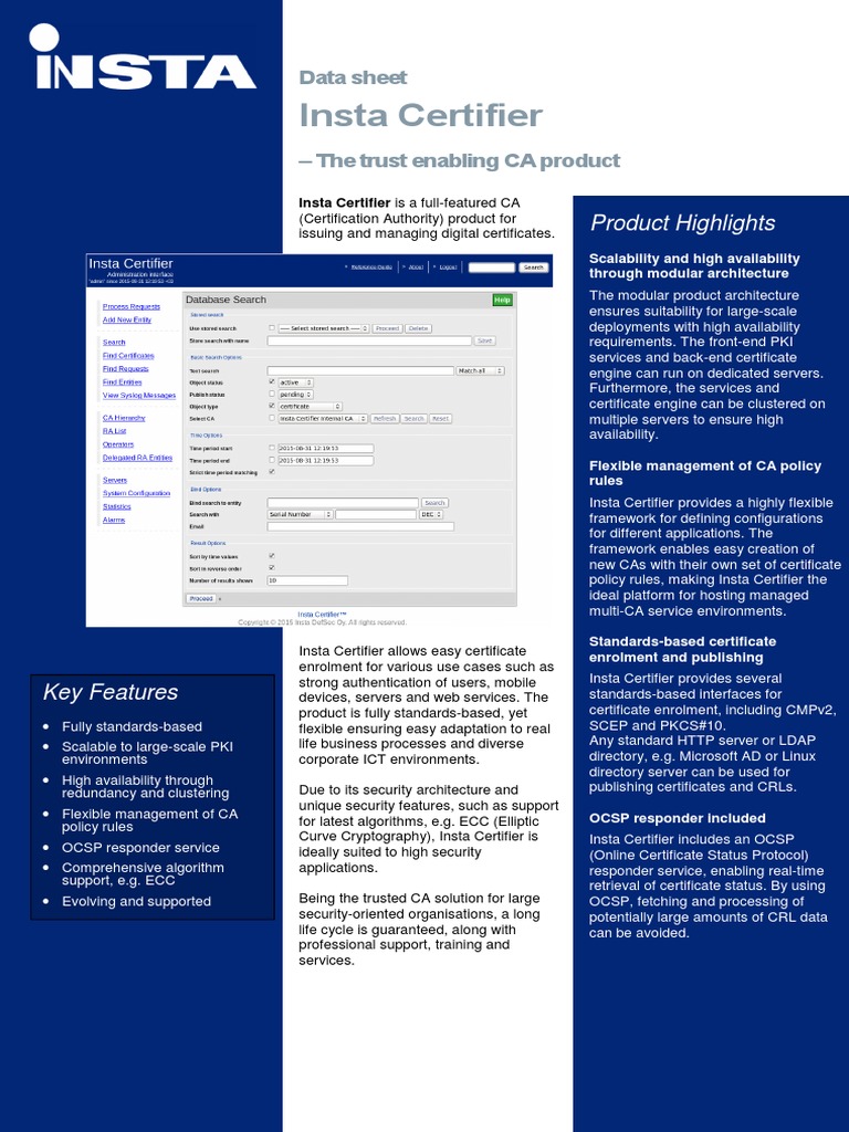 Insta Certifier Data Sheet 2015-09-04 | PDF | Public Key Certificate ...