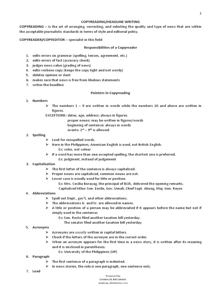 Copyreading Handout | PDF | Typefaces | Copy Editing