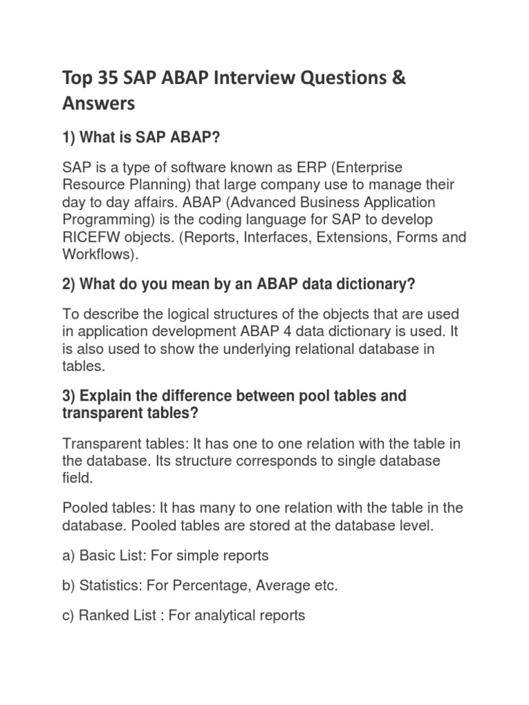 Top 35 SAP ABAP Interview Questions | PDF | Parameter (Computer Programming) | Databases