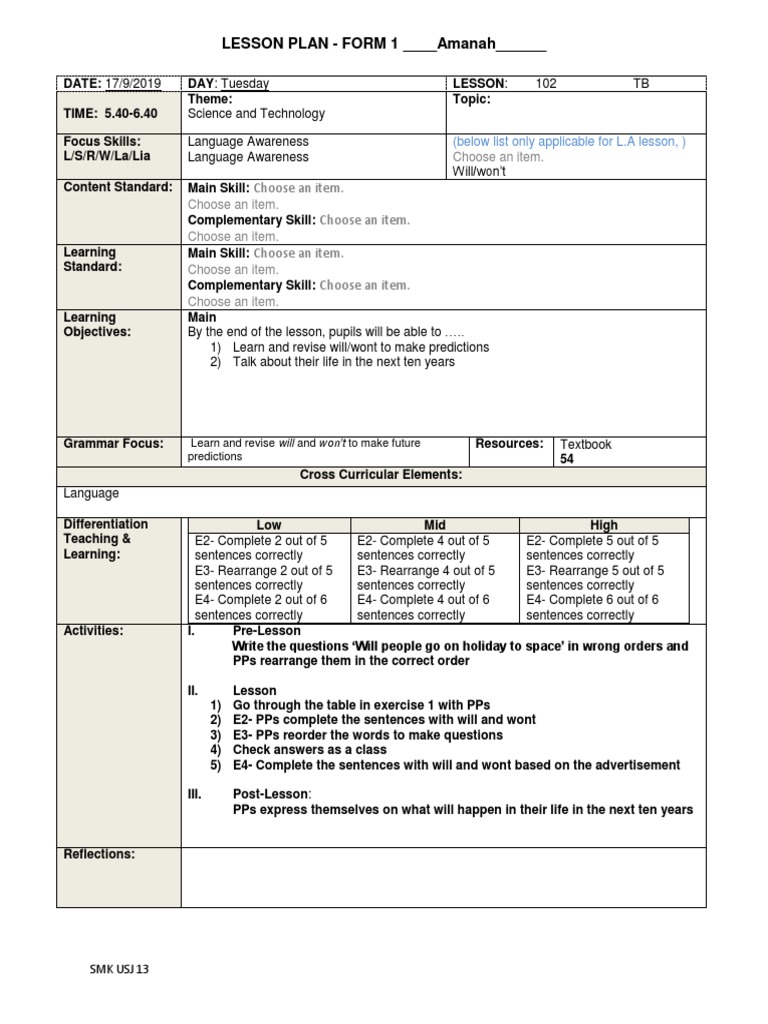 LESSON PLAN - FORM 1 - Amanah - : Choose An Item. Choose An Item ...