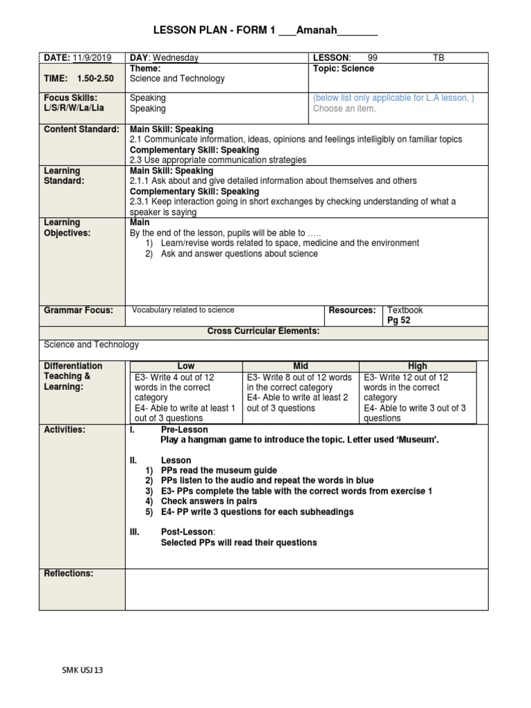 LESSON PLAN - FORM 1 - Amanah - : (Below List Only Applicable For L.A ...