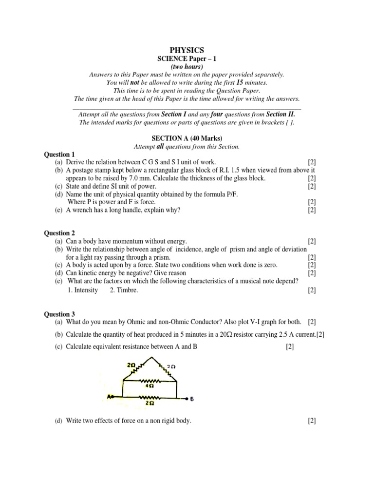 Icse X Model Paper | PDF | Electrical Resistance And Conductance | Force