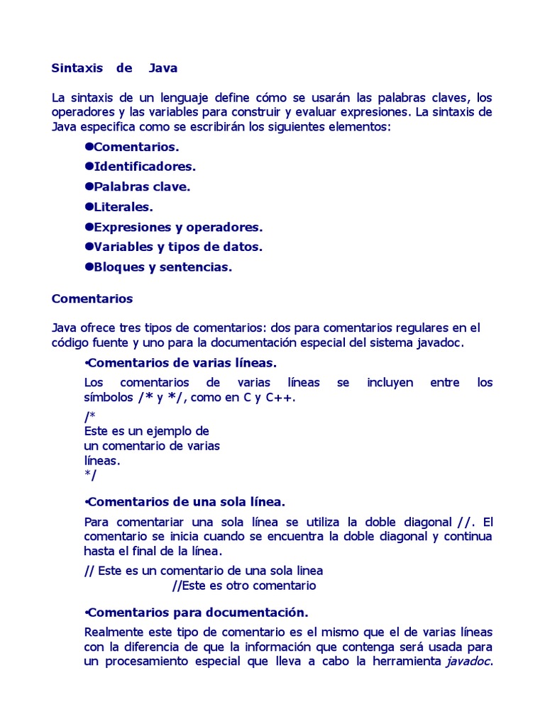 Syntaxis de Java | PDF | Java (lenguaje de programación) | Variable (informática)