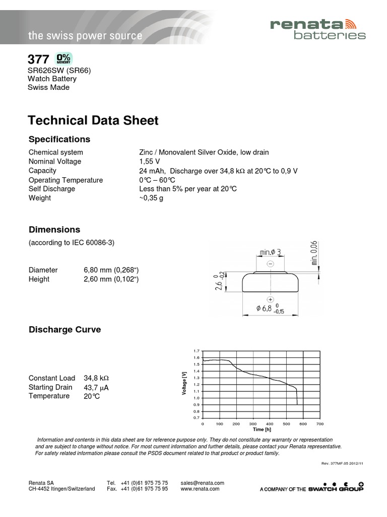 Renata Button Cell Sr626 Silver Oxide 377 | PDF | Electricity | Energy ...