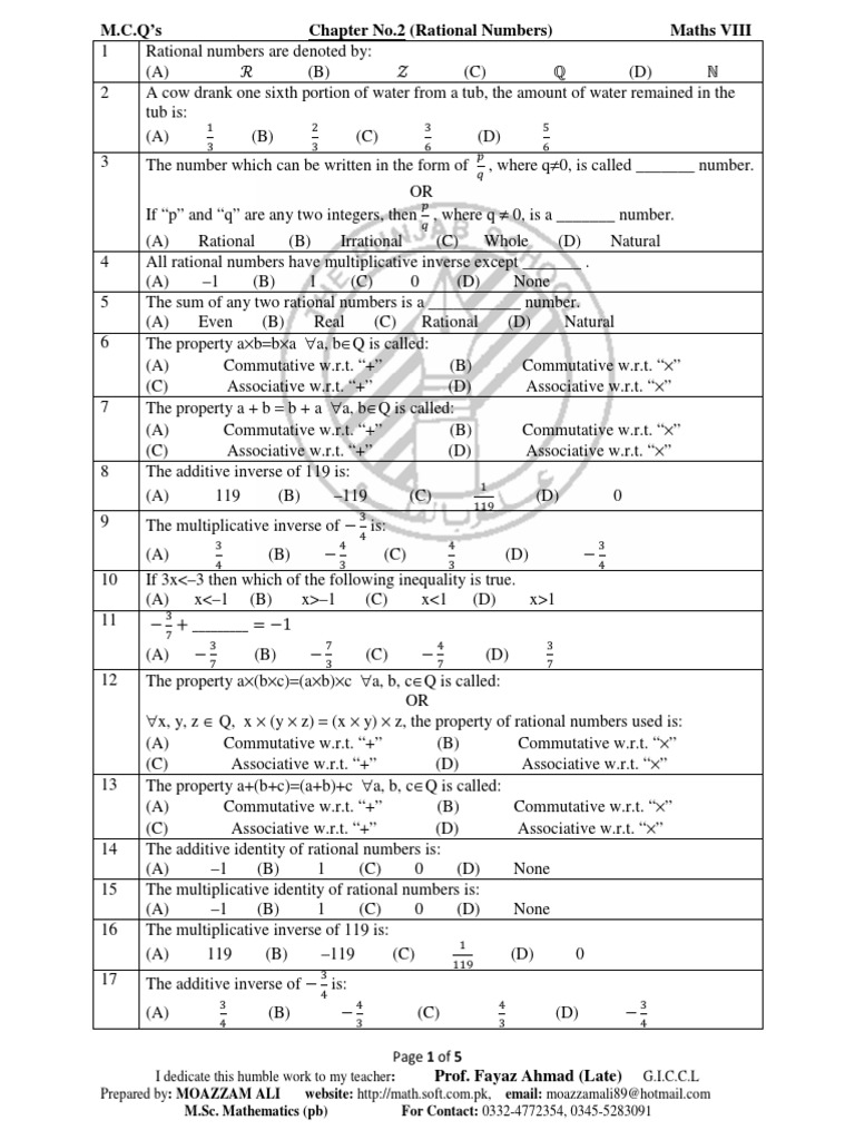 Maths Mcqs Pdf Pdf Multiplication Rational Number