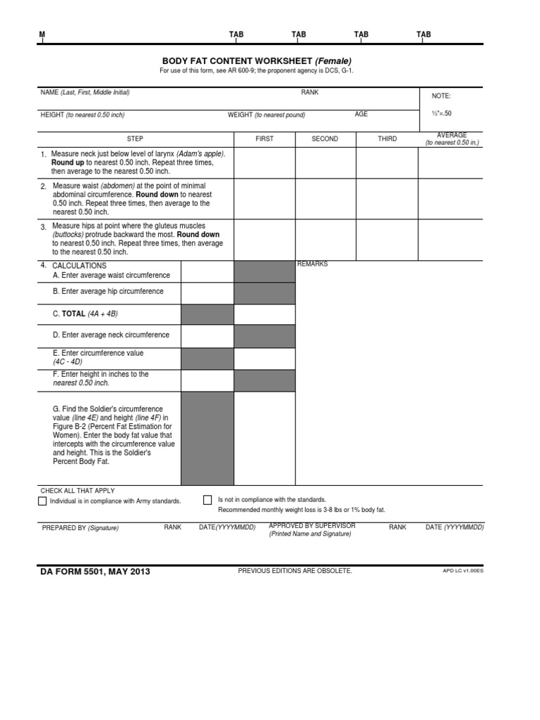 DA Form 5501 Female Body Fat Worksheet | PDF | Waist | Adipose Tissue