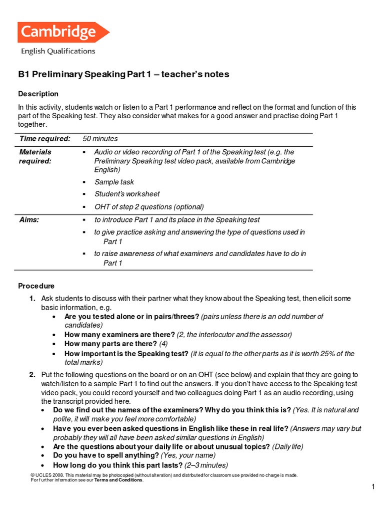 Cambridge English b1 Preliminary Speaking Part 1 | PDF | Question ...