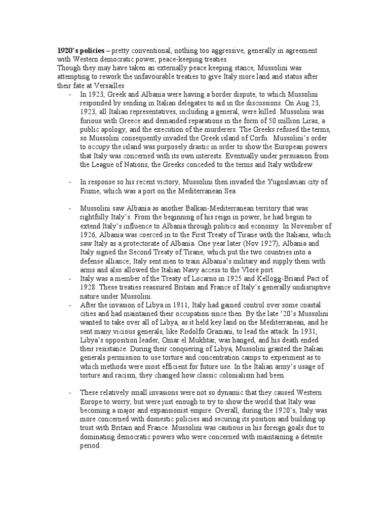 Mussolini's 1920s Foreign Policies | PDF | Benito Mussolini | Albania