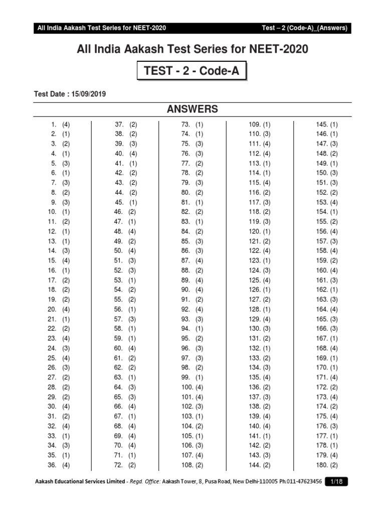 All India Aakash Test Series For NEET-2020 TEST - 2 - Code-A | PDF ...