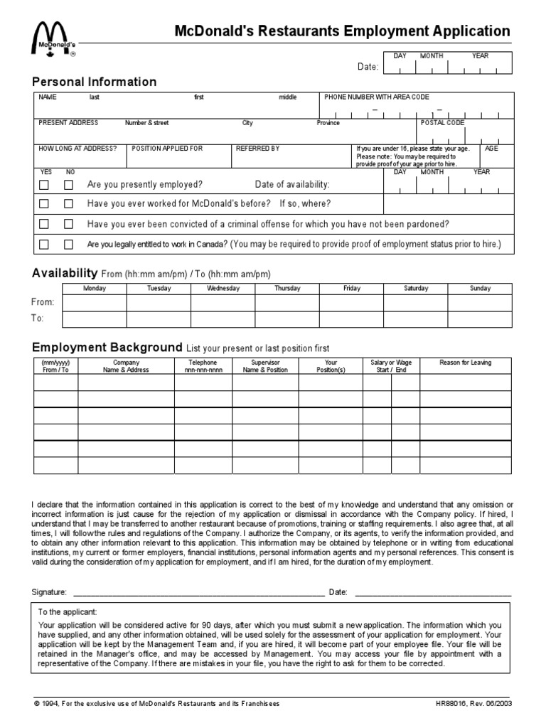 McDonalds Application Form | PDF | Common Law | Social Institutions