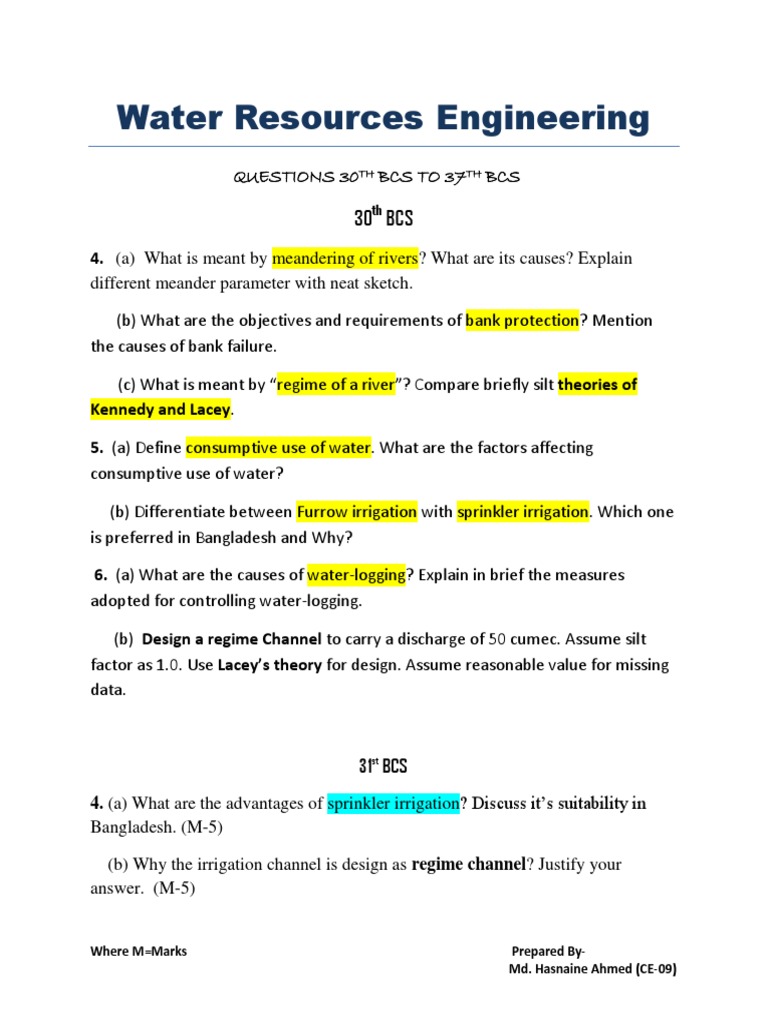 Water Resources Engineering BCS Questions | PDF | Water Resources ...