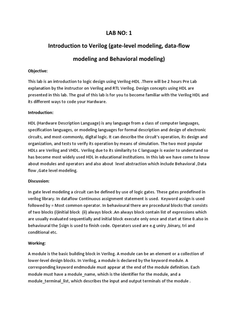 Lab No 1 Introduction To Verilog Gate Level Modeling Data Flow Modeling And Behavioral 1037