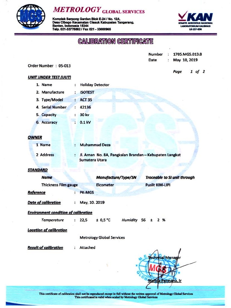 Calibration Cert. Holiday Detector | PDF