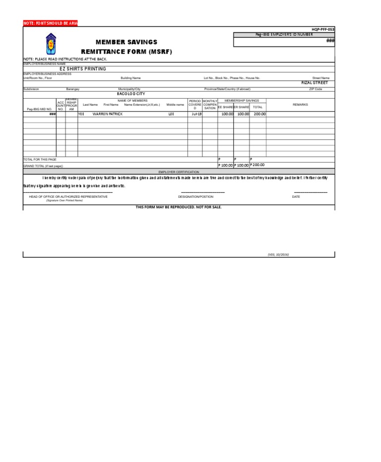 Member Savings Remittance Form (MSRF) : Ez Shirts Printing | PDF