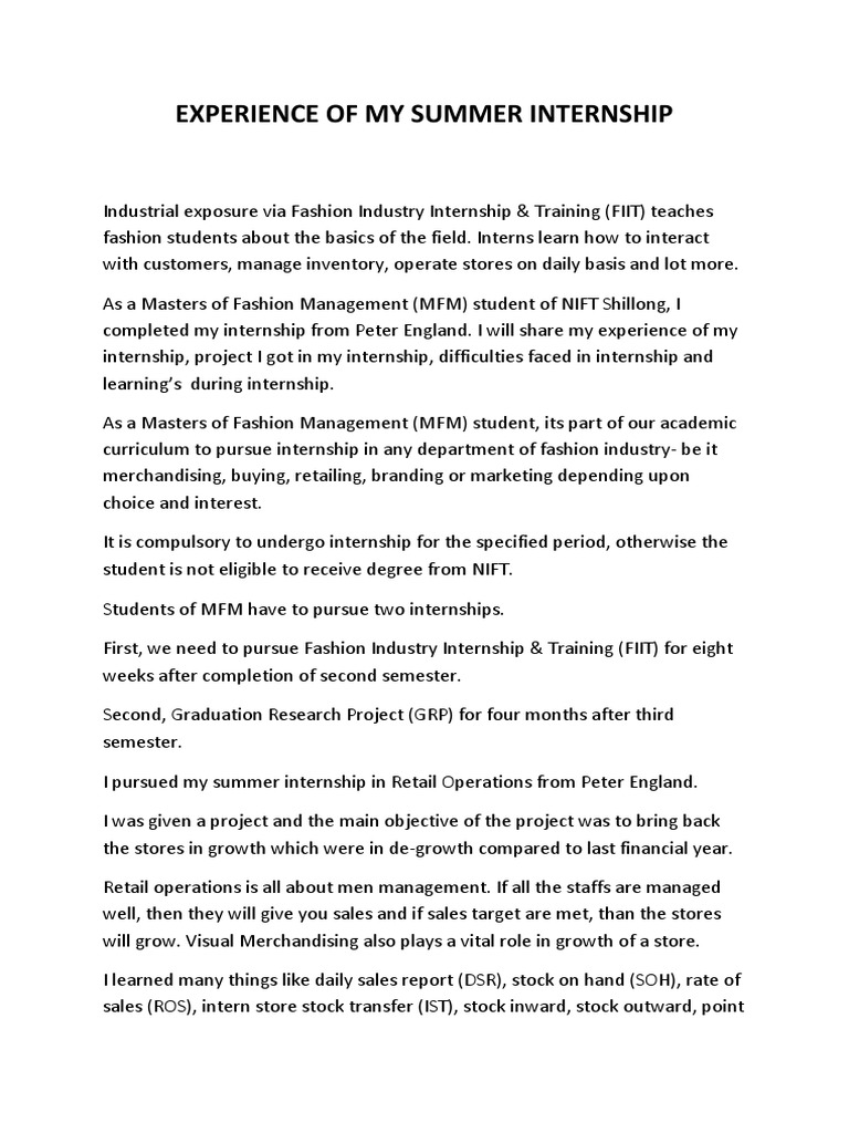 Summer Internship Experience in Fashion | PDF