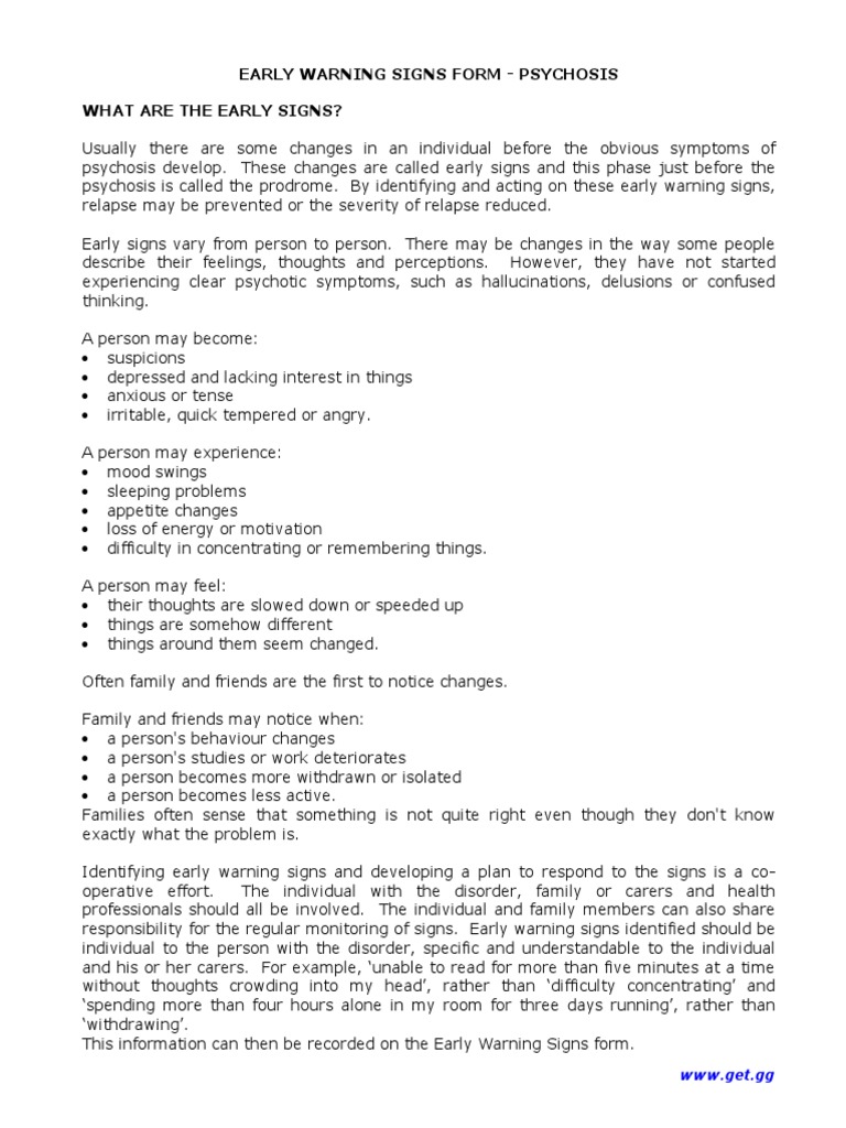 Early Warning Signs Form - Psychosis What Are The Early Signs? | PDF ...