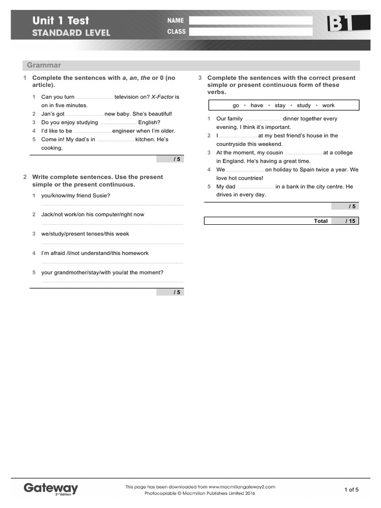 B1 UNIT 1 Test Standard | PDF | Grandparent
