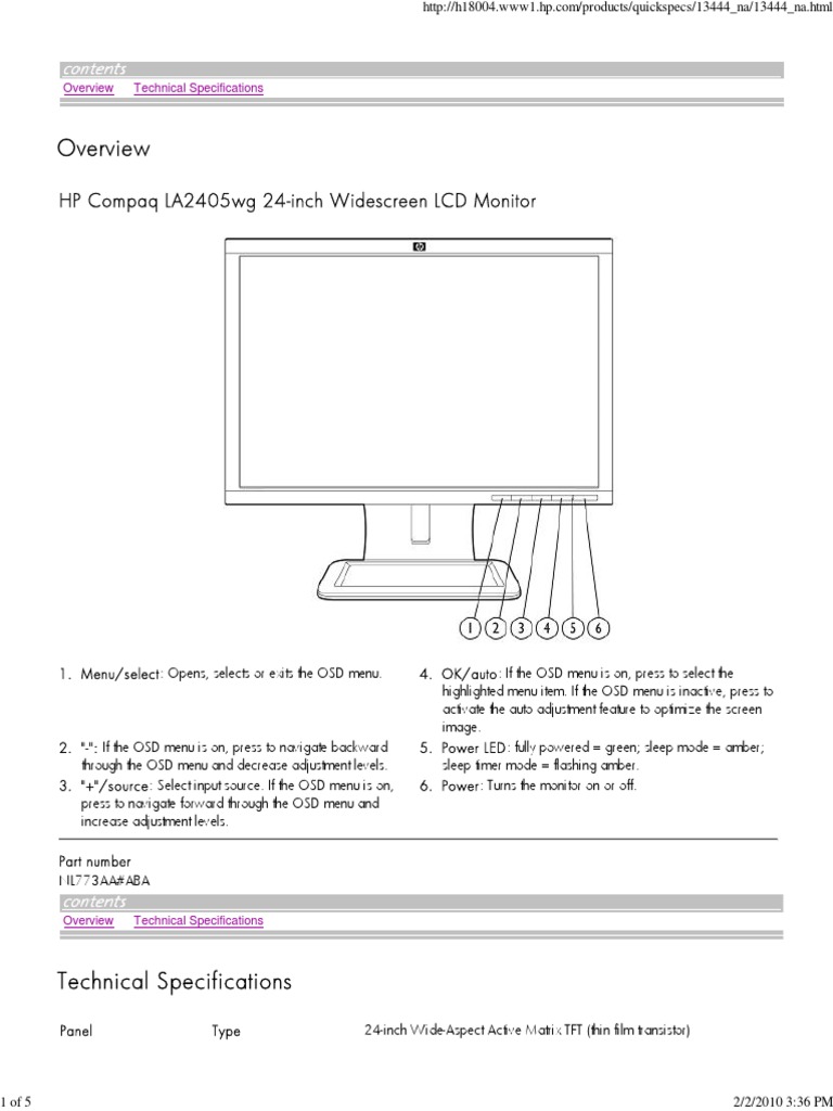 HP Compaq LA2405wg 24-Inch Widescreen LCD Monitor: Overview Technical ...