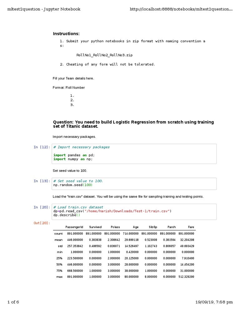 Instructions:: Mltest2question - Jupyter Notebook | PDF | Prediction ...