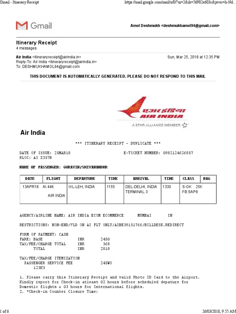 Air India: Itinerary Receipt | PDF | Baggage | Airlines