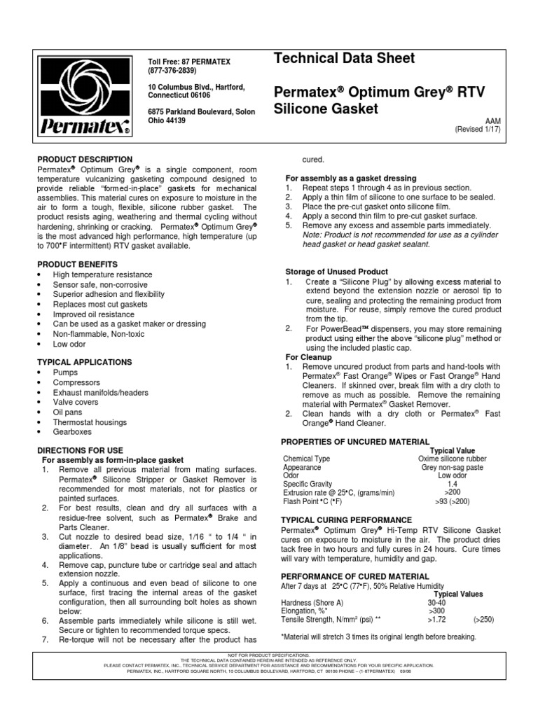 Technical Data Sheet Permatex Optimum Grey RTV Silicone Gasket | PDF ...