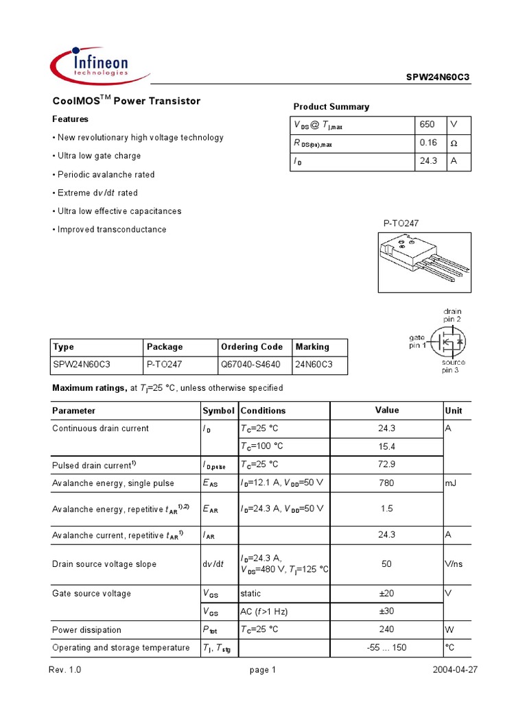 Coolmos Power Transistor: Features Product Summary | PDF | Capacitor | Diode