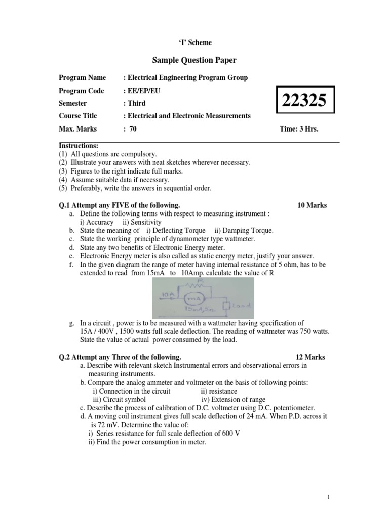 Sample Question Paper for Electrical and Electronic Measurements Course ...