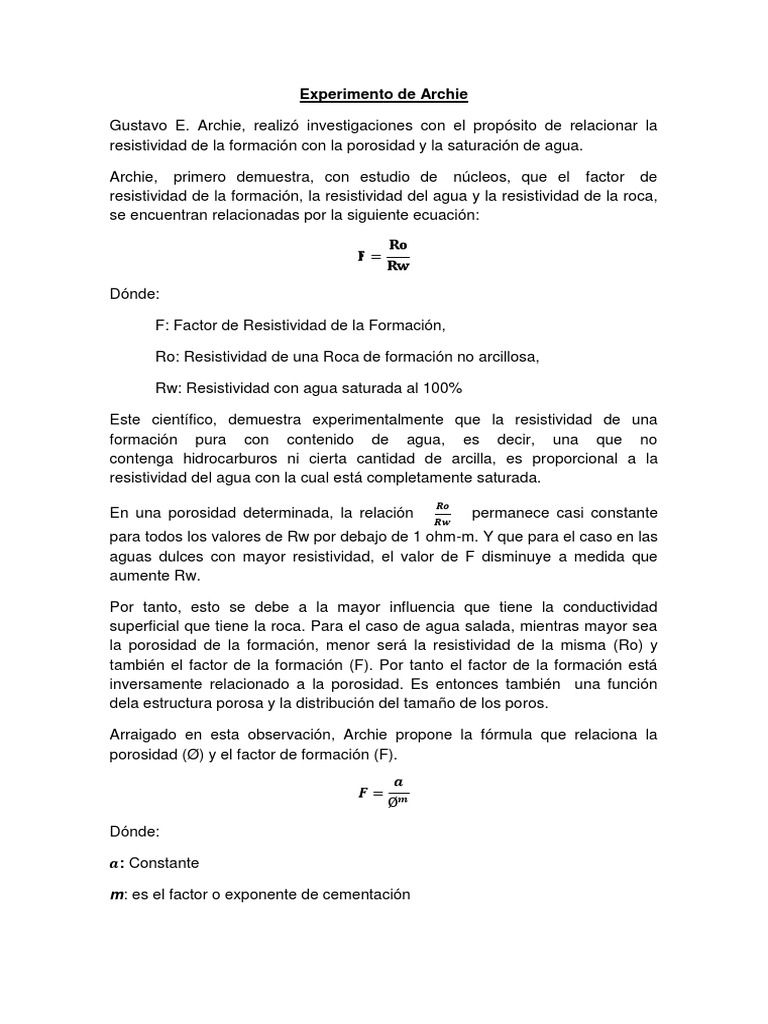 Experimento pionero de Archie para relacionar la resistividad de las ...