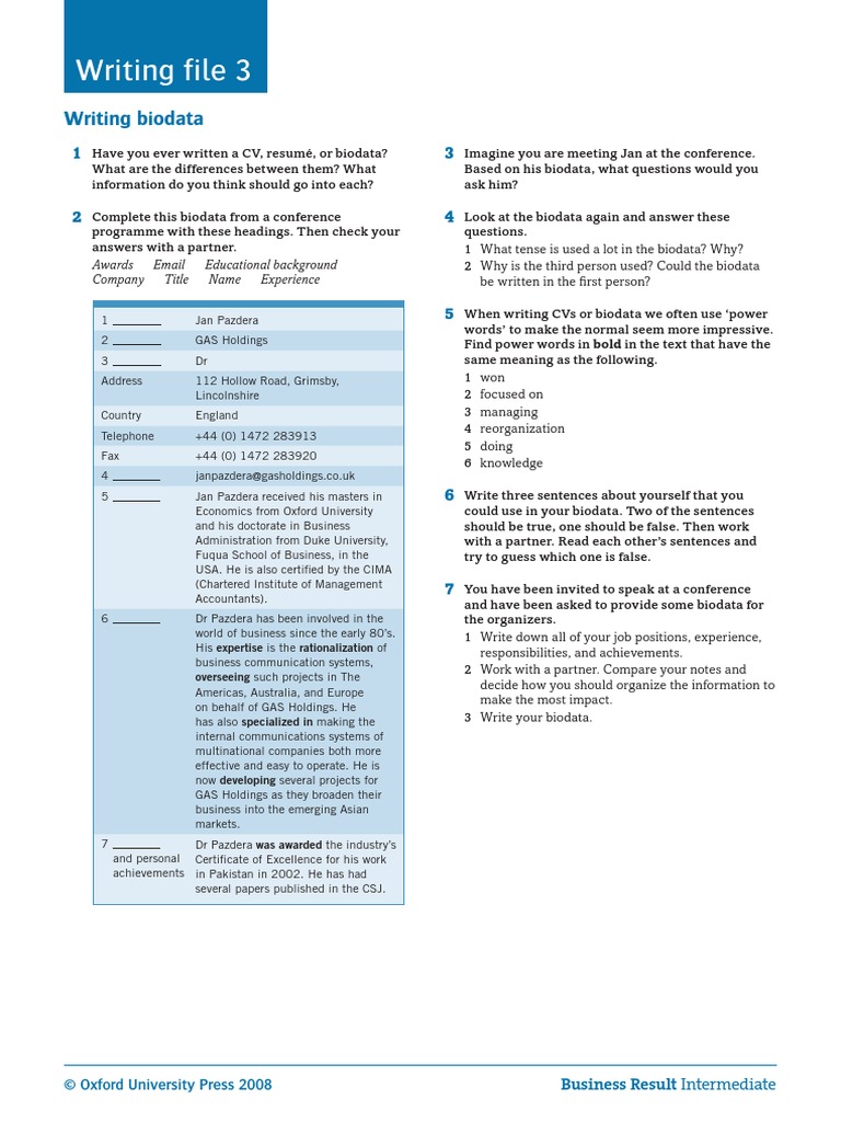 3 Writing Biodata Student's Worksheet PDF | PDF | Business | Communication