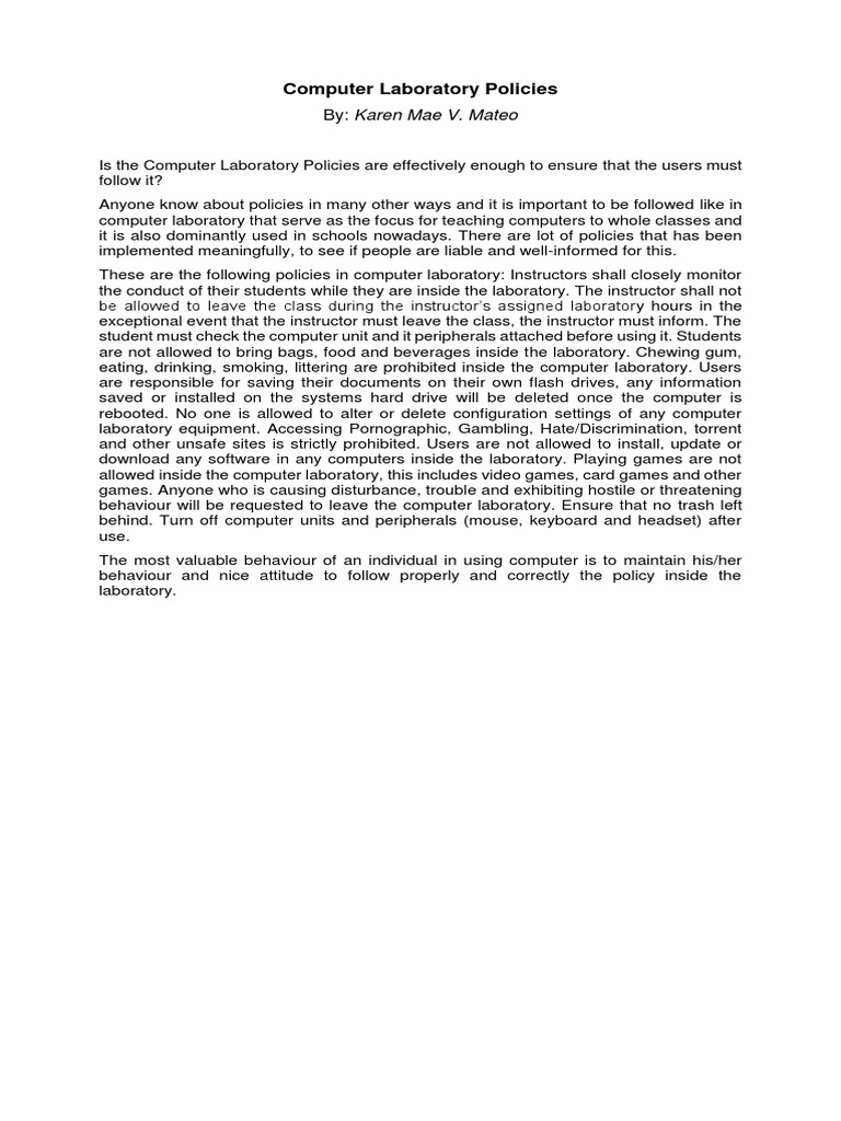Computer Laboratory Policies: By: Karen Mae V. Mateo | PDF