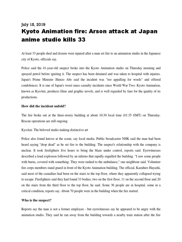 Kyoto Animation Fire: Arson Attack at Japan Anime Studio Kills 33 ...